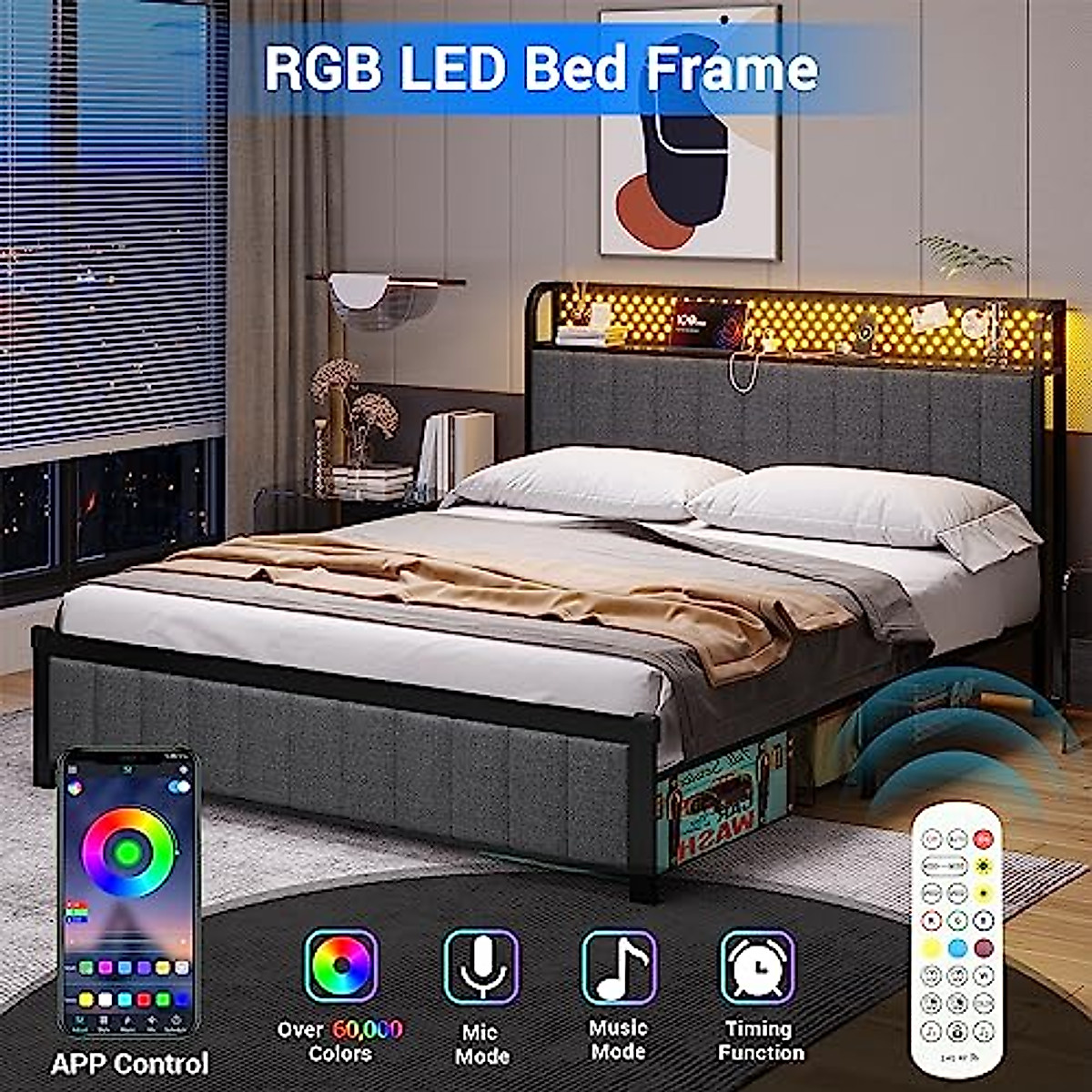 BTHFST Queen LED Bed Frame with Storage Headboard, Upholstered Metal Platform Bed Frame with USB Ports & Charging Outlets, No Squeak, Verticle Channel Tufting, Dark Gray