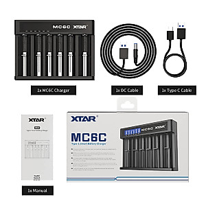 Intelligent ChargerXTAR MC6C 18650 Battery Charger with USB C & DC Dual Input 6 Slots 18650 Charger for 3.6v 3.7V Li-ion 1.2V AA AAA Rechargeable Batteries