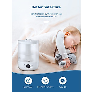 Aiheal Humidifiers for Bedroom Large Room, 4.5L Top Fill Cool Mist Ultrasonic Humidifier for Plants and Baby, Lasts 37 Hours, Timer, Auto Shut Off, Super Quiet, Sleep Mode, White