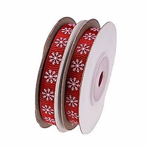 ATRibbons 20 Yards 3/8 Inch Snowflake Printing Grosgrain Ribbon Christmas Red and Green Ribbons for Gift Wrapping and Holiday Decorations,10 Yards/Spool x 2 spools (Red)