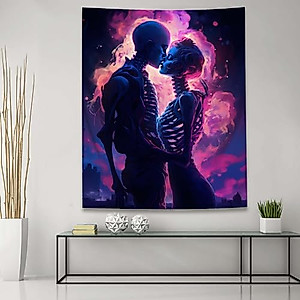 QGHOT Goth Skull Tapestry Wall Hanging, Gothic Lovers Tapestry for Bedroom Aesthetics, Trippy Skeleton Tapestry for Living Room Bedroom College Dorm room Wall Love Art Decor (29x37 in)
