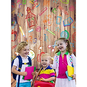 Leowefowa Back to School Backdrop 5x7ft Vinyl Photography Backdrops Hand Painted Pencils House Books on Vintage Retro Stripes Wood Floor Background Baby Kids Children Photo Studio Props