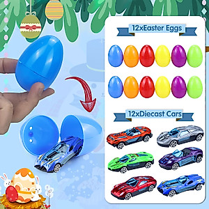 OCHIDO 12 Pack Easter Eggs Toys with Die-Cast Cars,Boy Easter Basket Stuffers for Kids,Easter Eggs Hunt,Prefilled Easter Eggs with Toys,Easter Party Supplies Bulk