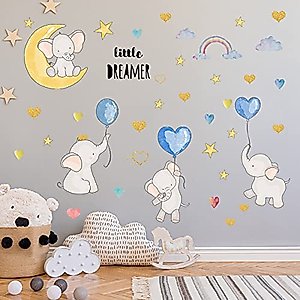 Colorful Balloon Flying Animals Wall Decals, Cute Elephant Love Hearts and Stars Wall Stickers, DILIBRA Removable Peel and Stick Cartoon Neutral Vinyl Wall Decor for Kids Nursery Bedroom Living Room