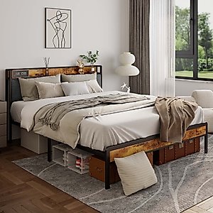 Gizoon Full Platform Bed Frame, Metal Bed Frame with Storage Headboard, Sturdy and Stable, Noise Free, No Box Spring Needed, Easy Assembly