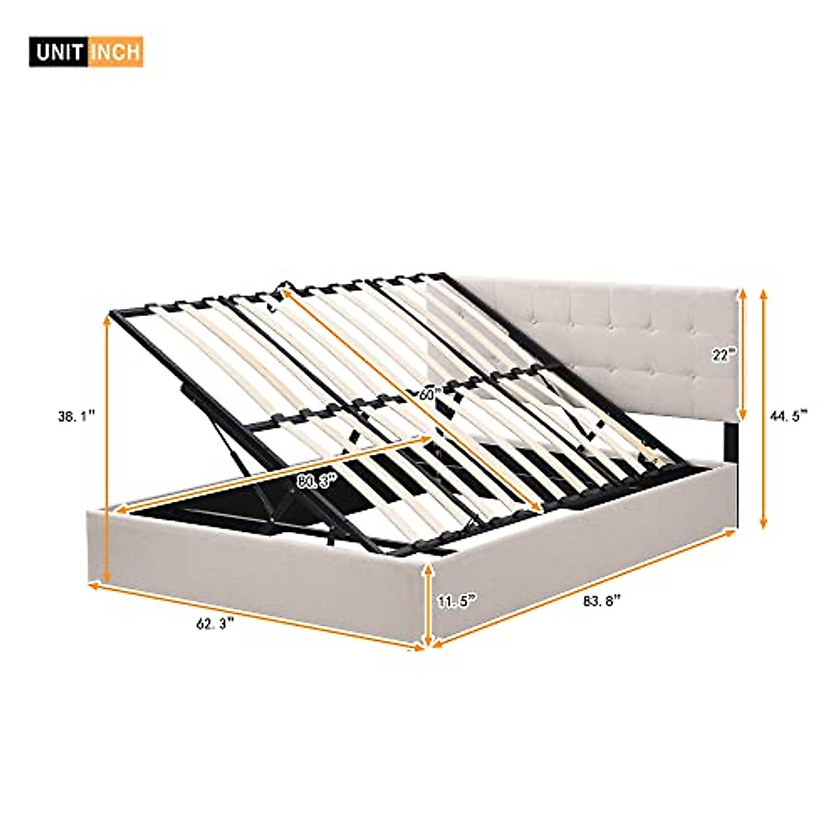 Contemporary Linen Upholstered Platform Bed Mattress Foundation w/Button Tufted Headboard&Slats for Adult,Low Panel Bedframe w/Gas Lift up Storage Space&Wooden Slats,No Box Spring Needed (Beige,Queen)