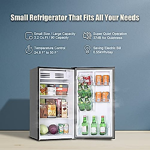 Frestec Mini Fridge with Freezer, 3.2 Cu.Ft Mini Refrigerator with One-touch Easy Defrost,37 dB Low Noise, Compact Small Refrigerator for Dorm, Bedroom, Office (Stainless Steel)
