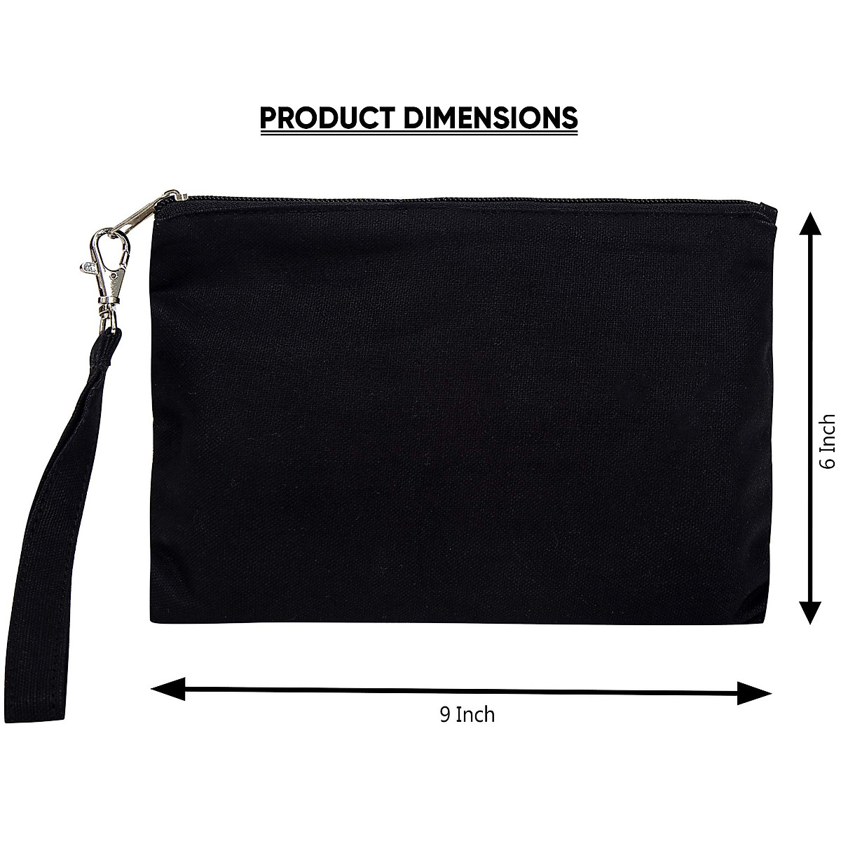 BUMBLE CRAFTS Large Canvas Wristlet with Zipper, Multipurpose Cosmetic Bag, Travel Toiletries Bag, Pencil Case, Party Favors, Canvas Wristlet, 9" x 6", 100% Cotton Canvas - Pack of 12 (Black)