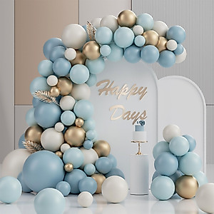 134Pcs Dusty Blue Balloons Arch Garland Kit, Dusty Baby Pastel Blue Chrome Gold Blue Sand White Confetti Balloon for Boy Baby Shower Decorations Bridal Shower Gender Reveal Birthday Party Supplies