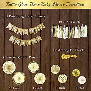 YARA Baby Shower Decorations Neutral | Woodland Rustic Boho Theme Oh Baby Decoration for Girl & Boy, Gender Reveal & Birthdays | Burlap Welcome Baby Banner, Gold & Cream Decor Paper Fans & Tassels