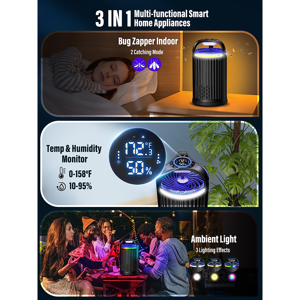 Fly Trap Indoor, 3-in-1 Fruit Fly Trap, Gnat Killer Indoor, Moth Traps - Bug Zapper Indoor with Temperature & Humidity Sensor, Catch Insects Indoors with Suction, Bug Light &10pcs Sticky Glue (Black)