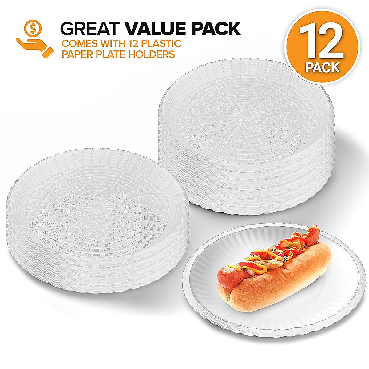 Stock Your Home 9” Paper Plate Holder in White (12 Count) - Paper Plate Holders Plastic Heavy Duty - Plastic Paper Plate Holder - Woven Paper Plate Holder - Paper Plate Holders Reusable