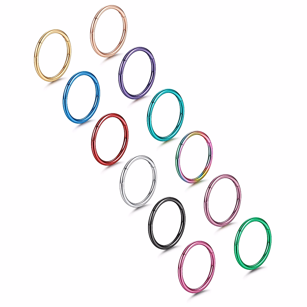 Drperfect 12 Pcs Septum Rings 316L Stainless Steel Cartilage Hoop Earrings Hinged Segment Clicker Septum Nose Rings Hoop Helix Daith Tragus Earrings Body Piercing for Women Men 16G 18G