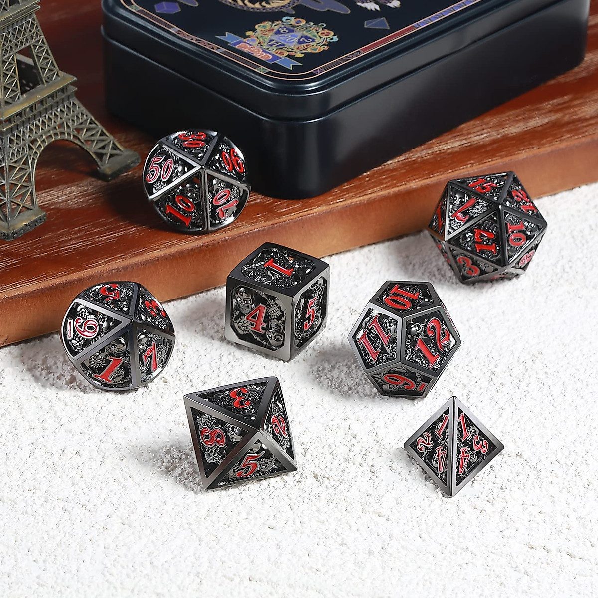 Oversize Skull Hollow DND Metal Dice Set, DNDND 25mm Hollow Copper Die Set with Gift Metal Case for Dungeons and Dragon Halloween (Black with Red Number)