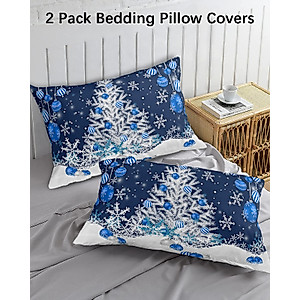 Hokiten Standard Size Pillow Cases Set of 2 - Christmas Tree, Microfiber Soft Pillowcases with Envelop Closure, Blue Fantasy Snowflake Xmas Ball Lumbar Pillow Cover for Sofa/Couch, 20x26 Inches