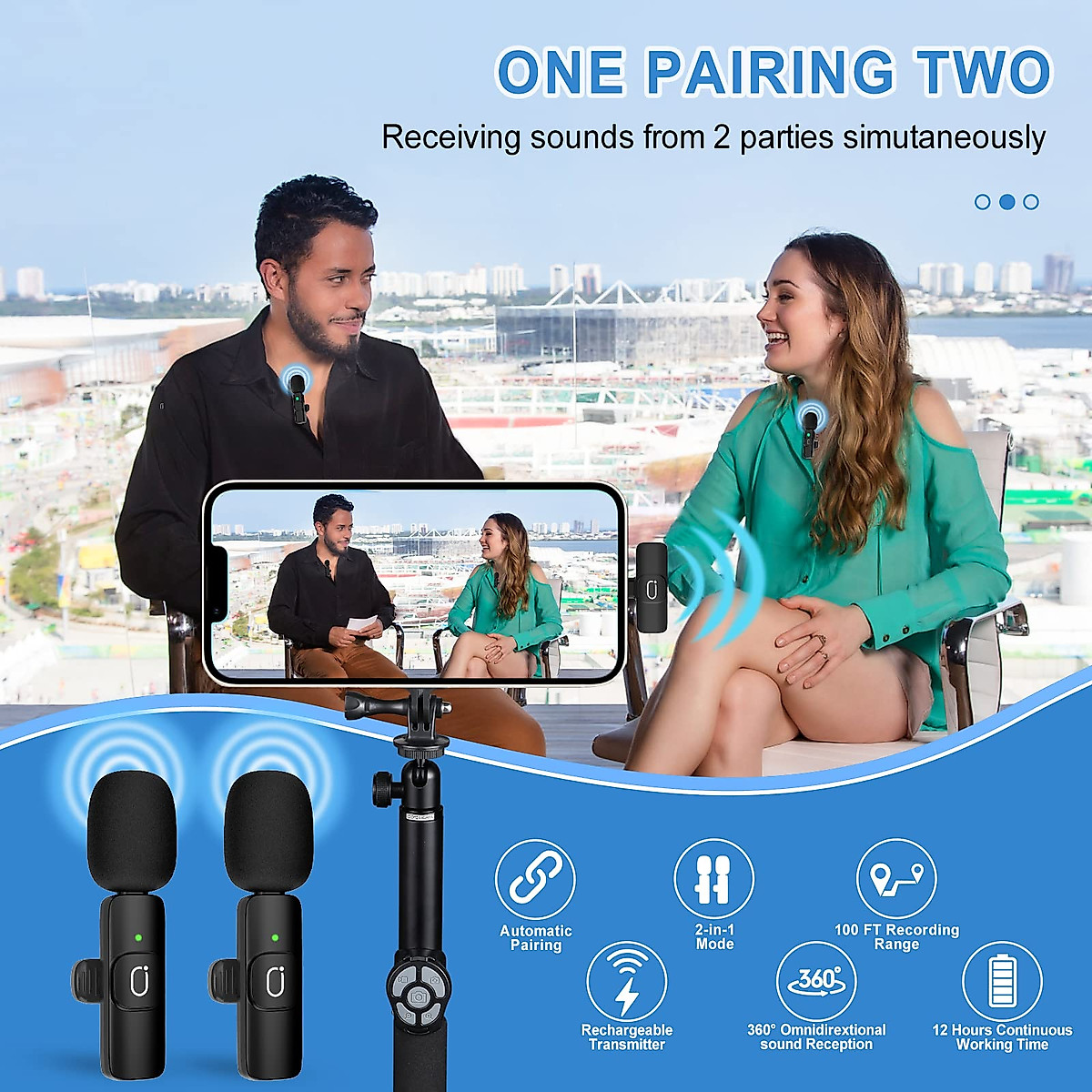 JAUYXIAN K37 Wireless Lavalier Microphone for iPhone, 2 Packs Cordless Lapel Mics, Mini Microphones Recording Mic for Live Stream, Plug-Play/Noise Reduction / 10H for Podcast Vlog YouTube