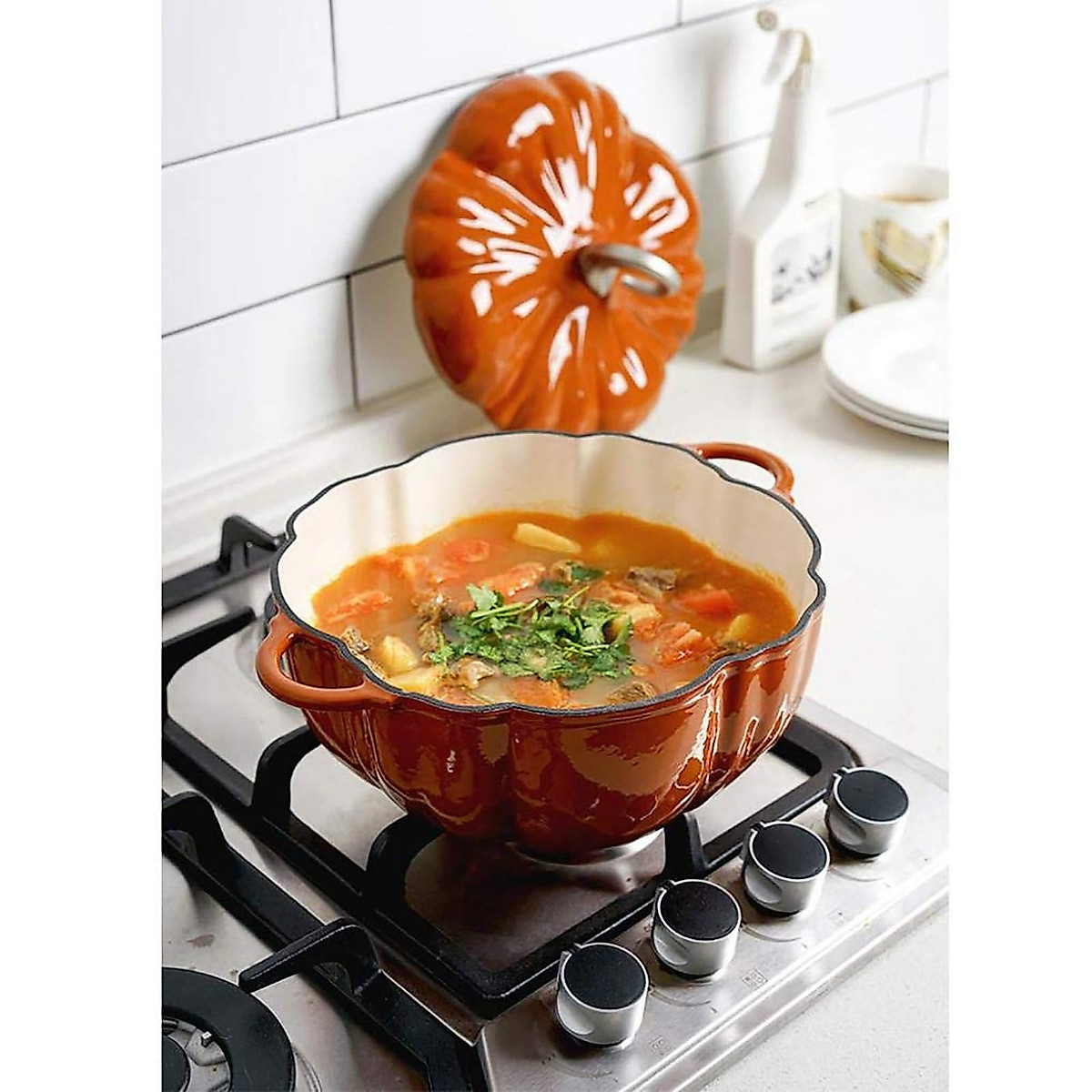 3.7L Pumpkin Shape Cooking Pot Enamel Pot, Ceramic Coated Cast Iron Cookware, Ceramic Pots for Cooking with Lid, Stew Pot Soup Pot, Serves 3-5, Halloween Thanksgiving Decor Pot Gift (Orange)
