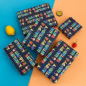 BULKYTREE Birthday Wrapping Paper with Cut Lines for Boys Girls Kids Men Women Holiday Birthday Theme Party - 3 Large Sheets Colorful Cake Happy Birthday Gift Wrap - 27 Inch X 39.4 Inch Per