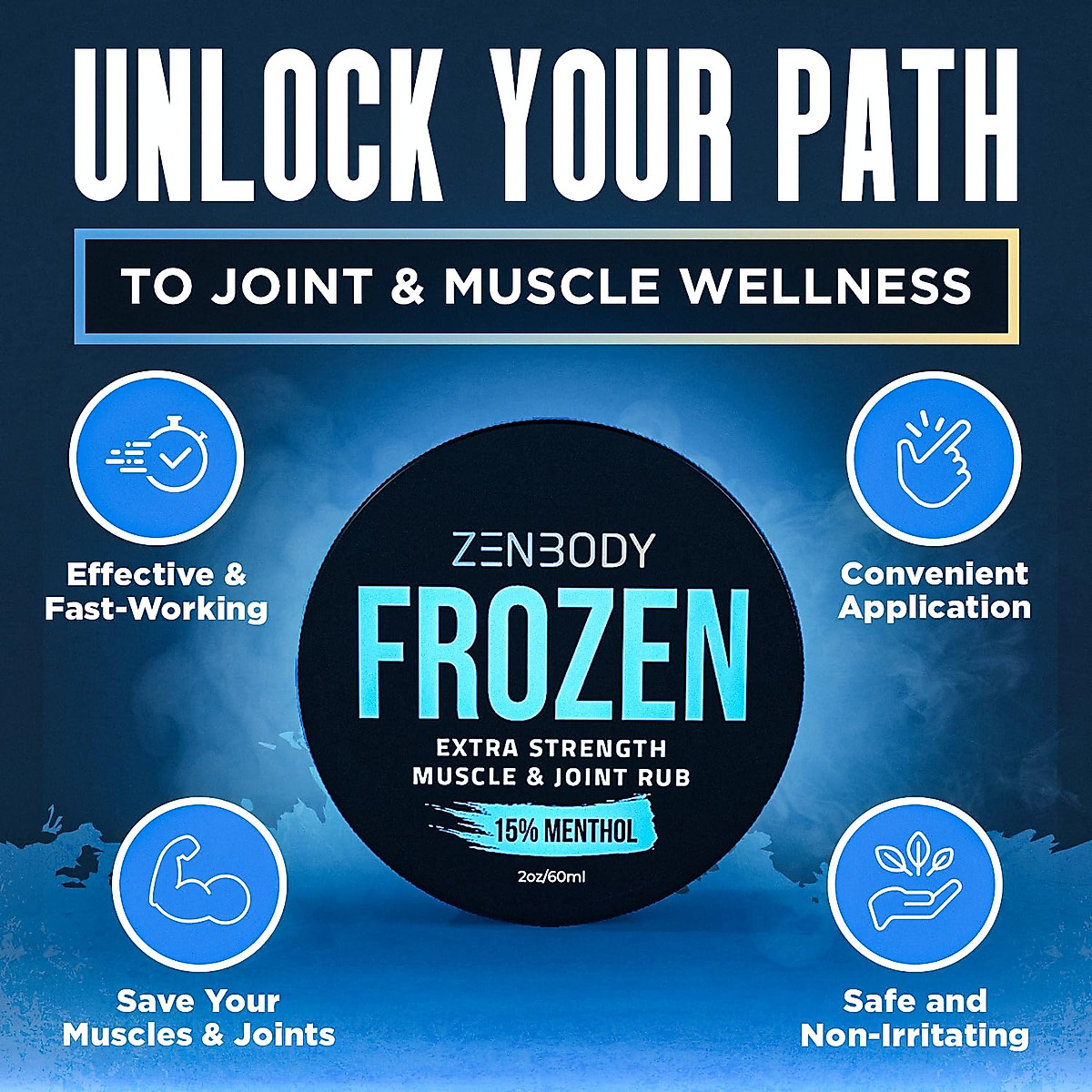 Zenbody Frozen Joint & Muscle Rub - 15% Menthol for Muscle & Joints, Extra Strength Formula, 100% Natural Ingredients, Travel-Friendly, Quick & Easy to Apply, Handcrafted in the USA - 2 Oz