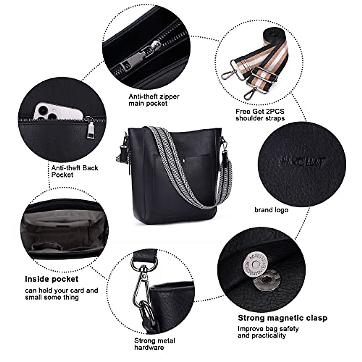 HKCLUF Crossbody Bags for Women Vegan Leather Boho Bucket Bag With 2PCS Replacement Leopard Guitar Strap Crossbody Purse and Handbags(Black)