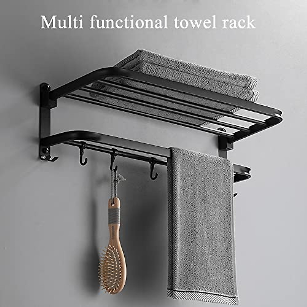 WKZZTCGD Black Bathroom Towel Rack,Stainless Steel Towel Holder with Hooks,Wall Mounted Foldable Double-Deck Shelf Bars