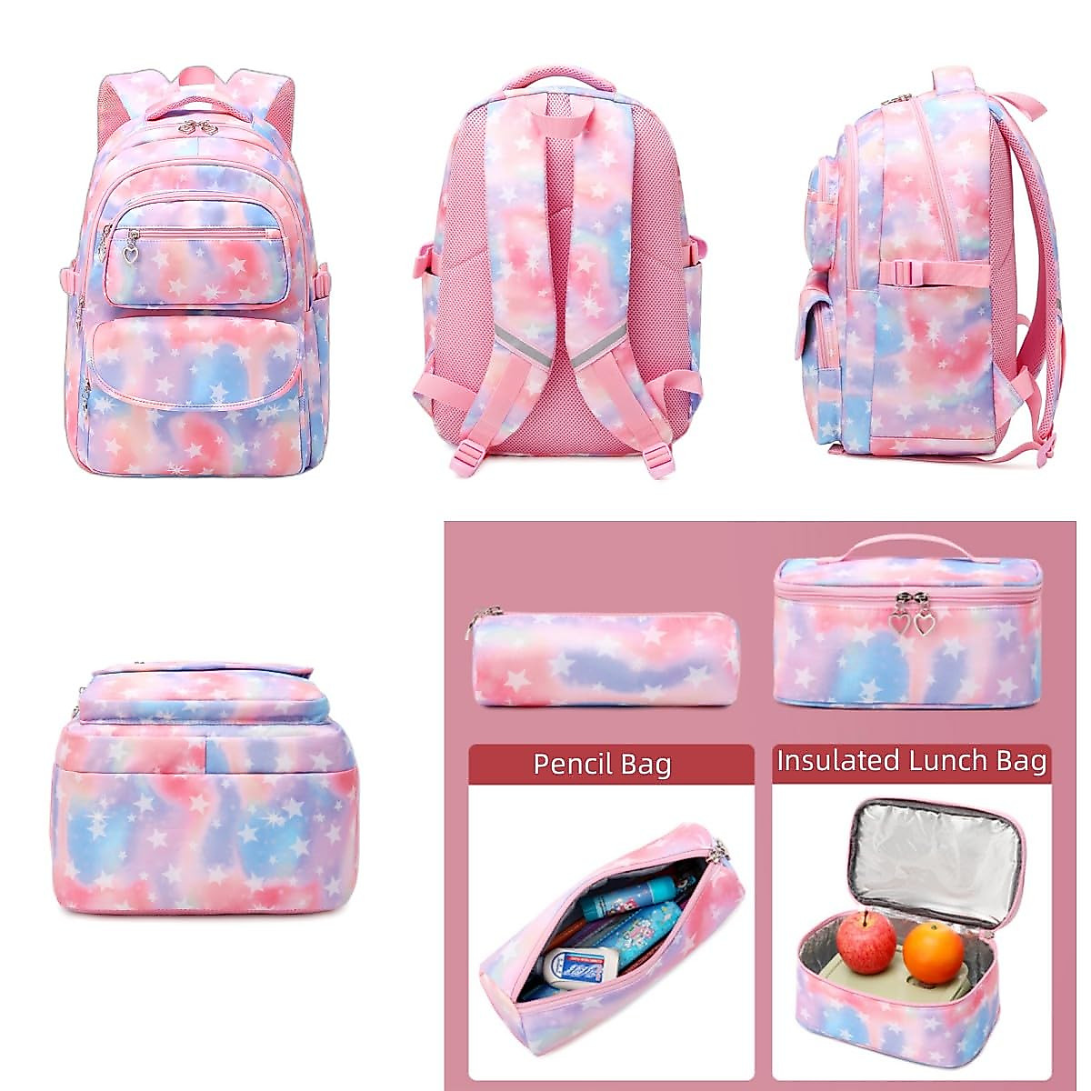 Kids Backpack with Lunch Box, Backpack for Girls, Lightweight Elementary Bookbags Middle-School Backpacks Set, Cute Star-print Schoolbag
