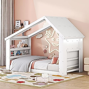 MERITLINE Twin House Bed for Kids Montessori Floor Bed with Roof Window, LED Light, No Box Spring Needed, for Girls Boys (Twin Size, White)