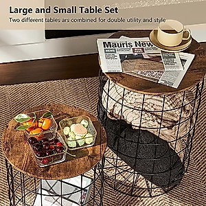 Jolydale Nesting End Table with Storage, Side Tables Wire Basket Table with Lid, Round End Table with Removeable Top and Steel Frame for Living Room, Bedroom, Office, (Brown)
