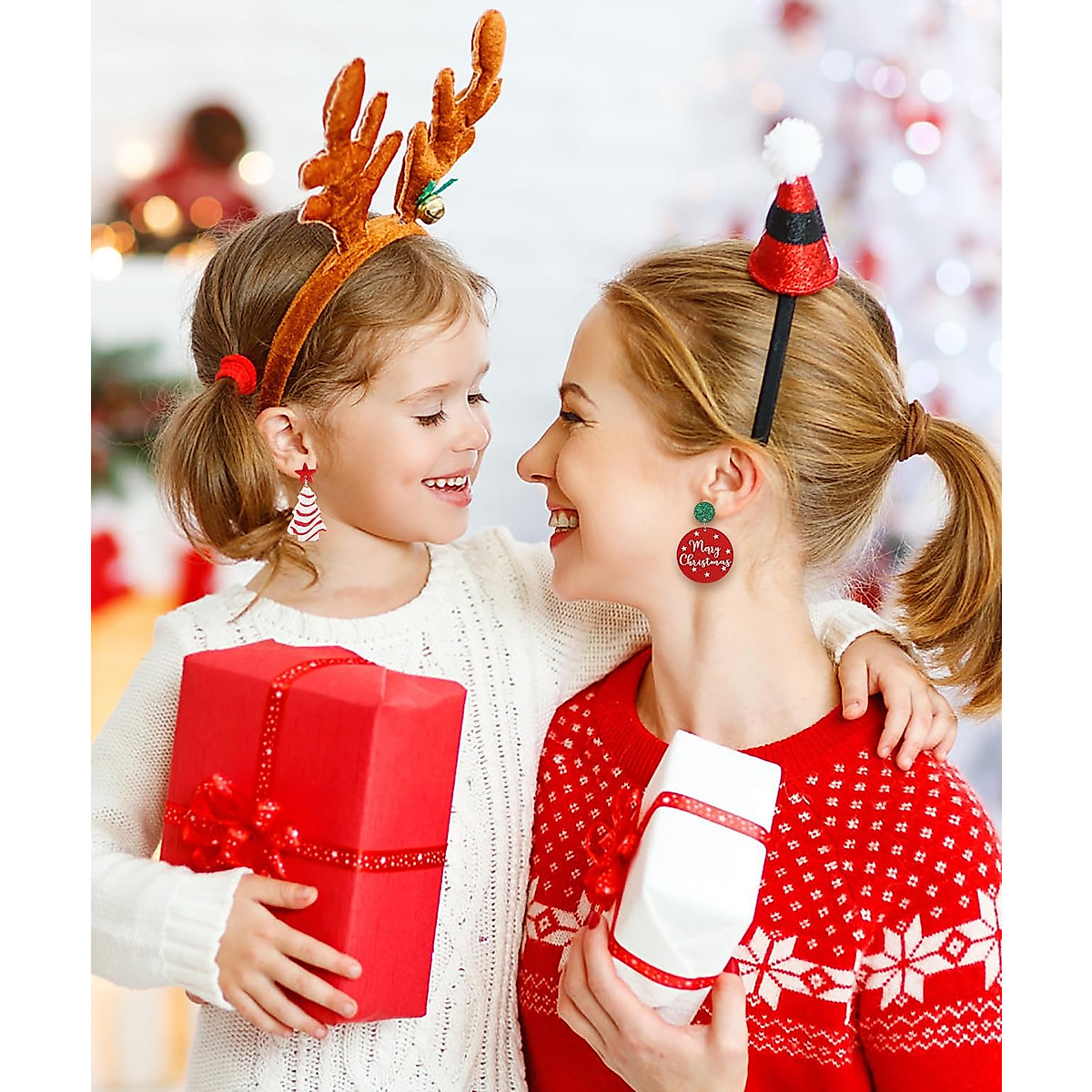 TRWWELL 4 Pairs Christmas Earrings for Women Acrylic Christmas Reindeer Tree Dangle Drop Earrings Holiday Party Jewelry Gifts