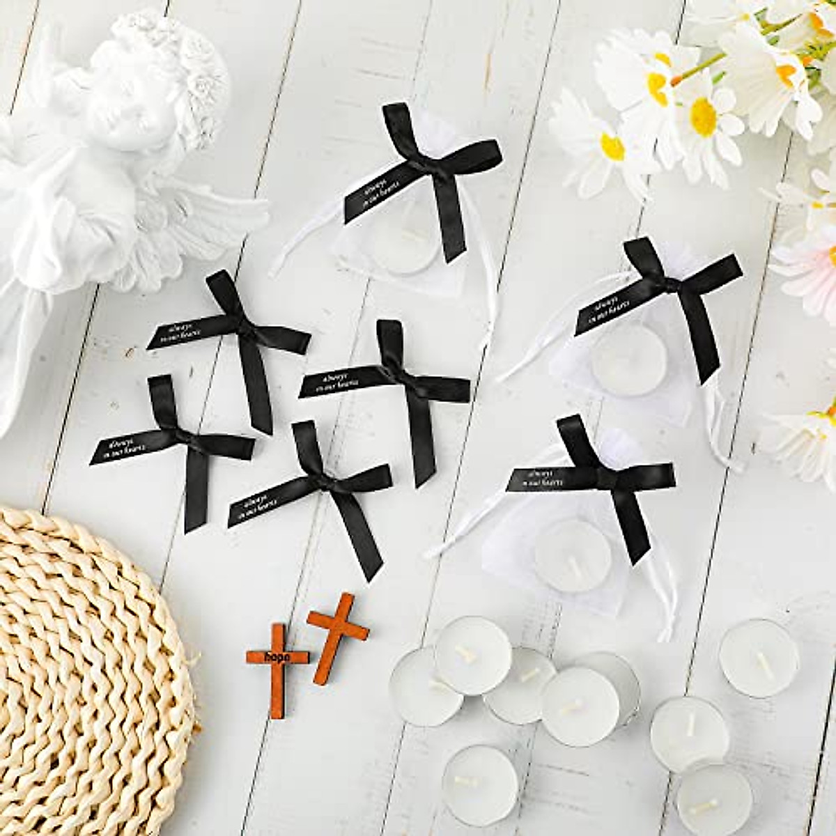 50 Set Funeral Favors Memorial Tealight Candles Unscented Candles Memorial Candles with Bowknots Funeral Ribbons and Organza Bags for Guest Condolence Bereavement Funeral Decor, Black and White
