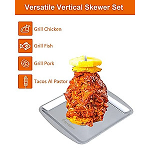 Al Pastor Skewer for Grill-Roasting Rack Stainless Steel Vertical Skewer Stand for Tacos Al Pastor, Shawarma, Kebabs, with 2 Size Skewers(8” &12”) for Smoker, Kamado Grill, Oven