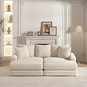 HanStrong Sleeper Sofa Bed 86.6" Sectional Sofa Couch, Modern 3 Seater Corduroy Sofa with Back Pillows, 2 Toss Pillows and 2 Ottoman, Comfy Upholstered Sofa Deep Seat Couch for Living Room, Beige