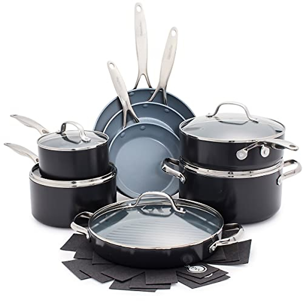 GreenPan Valencia Pro Hard Anodized Healthy Ceramic Nonstick 16 Piece Cookware Pots and Pans Set, Gray & Lima Hard Anodized Healthy Ceramic Nonstick 11" Griddle Pan, PFAS-Free, Oven Safe, Gray