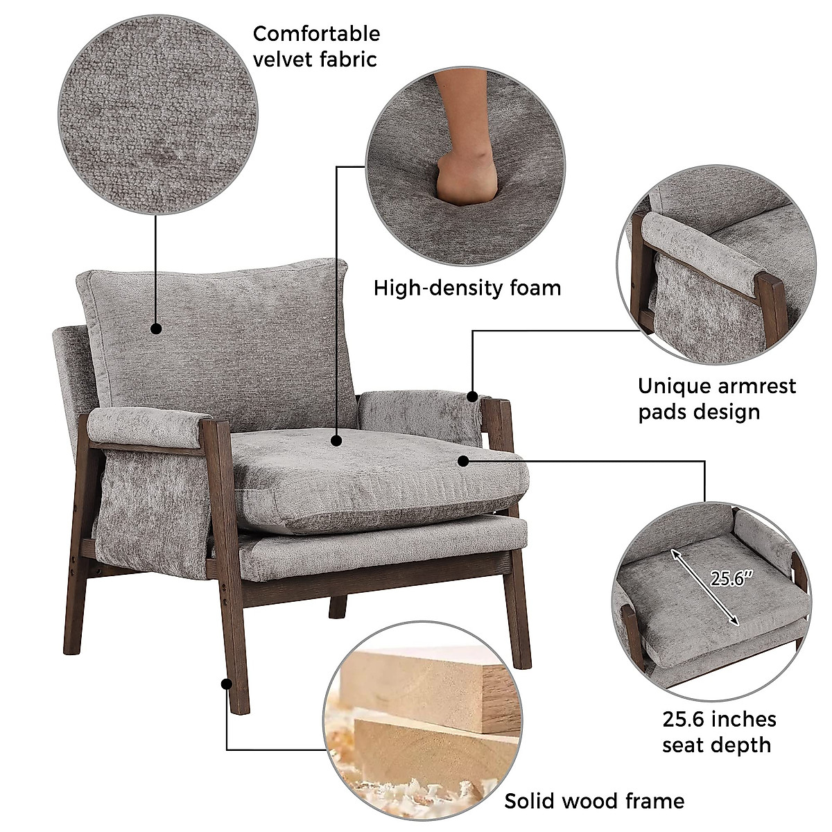 FIQHOME Mid Century Modern, Velvet Upholstered Accent Rubber Wood Frame,Comfy Reading Chair for Bedroom,Single Armchair for Living Room Office Apartment,Grey