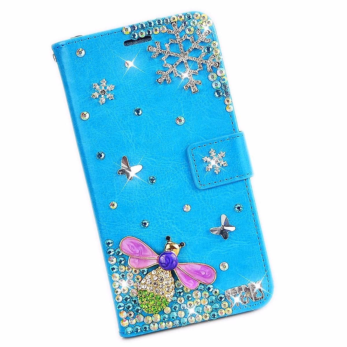 Fairy Art Crystal Wallet Phone Case Compatible with Samsung Galaxy Z Fold 5 - Bee - Blue - 3D Handmade Sparkly Glitter Bling Leather Cover with Screen Protector & Beaded Phone Lanyard