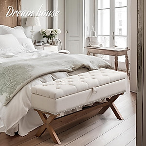 Bonzy Home Tufted Entryway Storage Bench, 36" French Vintage Bedroom Dining Room Benches with X-Shaped Legs, Fabric End of Bed Bench for Bedroom Dining Room Living Room Entryway, Beige