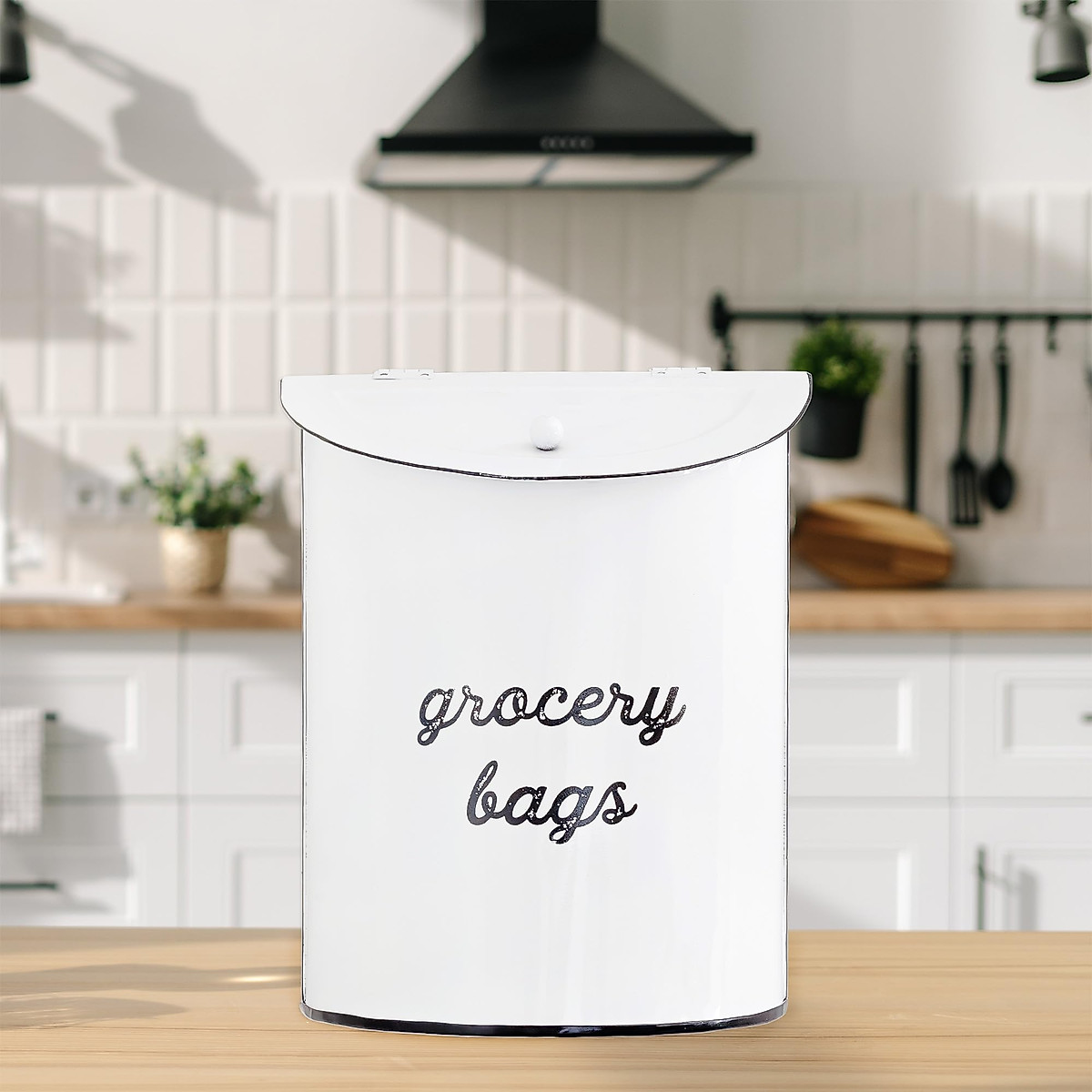 AuldHome Rustic Grocery Bag Holder; Wall-Mounted Vintage Enamelware Farmhouse Style Plastic Bag Dispenser for Kitchen or Laundry Room