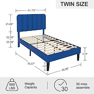 VECELO Twin Size Upholstered Bed Frame with Adjustable Headboard, Velvet Platform Bedframe Mattress Foundation, Strong Wood Slat Support, No Box Spring Needed, Dark Blue