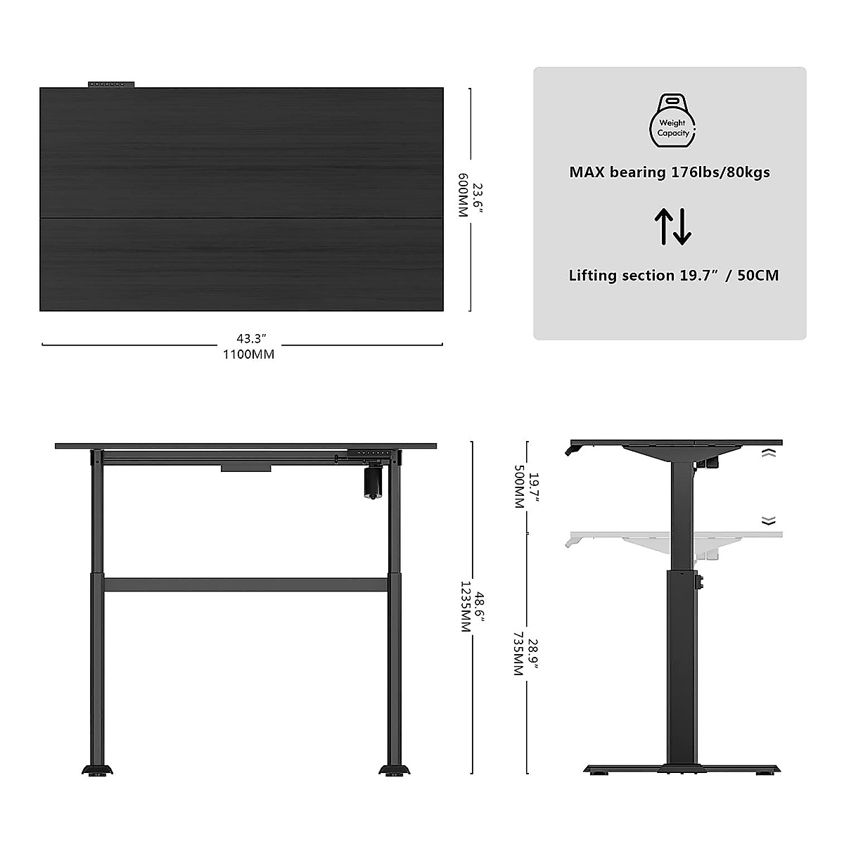 Fenge Height Adjustable Standing Desk- 43x24’’ Electric Stand Up Desk - Sit Stand Desk, Ultra-Quiet Motor, Home Office Workstation, Black