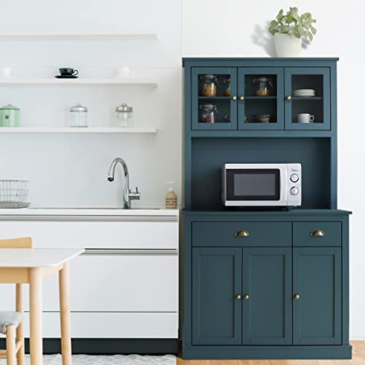 VEIKOU Pantry Buffet with Hutch,71" Kitchen Pantry Cabinets, Freestanding Storage Cabinet with Adjustable Shelves & Glass Doors, Tall Cupboard Pantry Cabinets with Coffee Countertop, Dark Teal