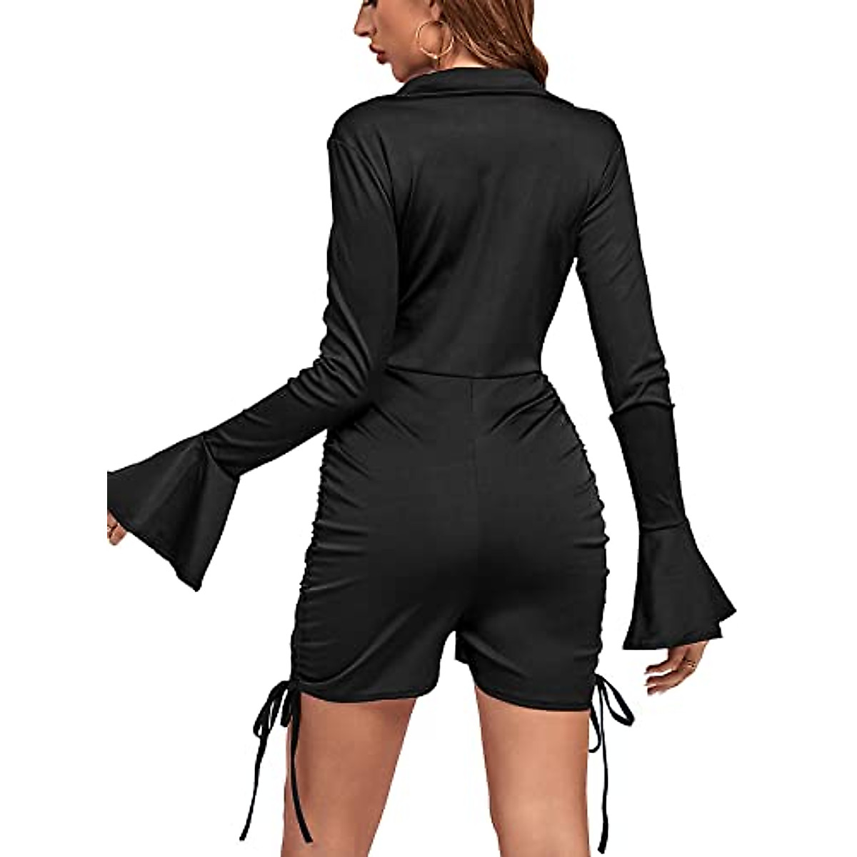 LYANER Women's Collar Low Cut Ruched Drawstring Sides Bell Long Sleeve Romper Short Jumpsuit Black# Large