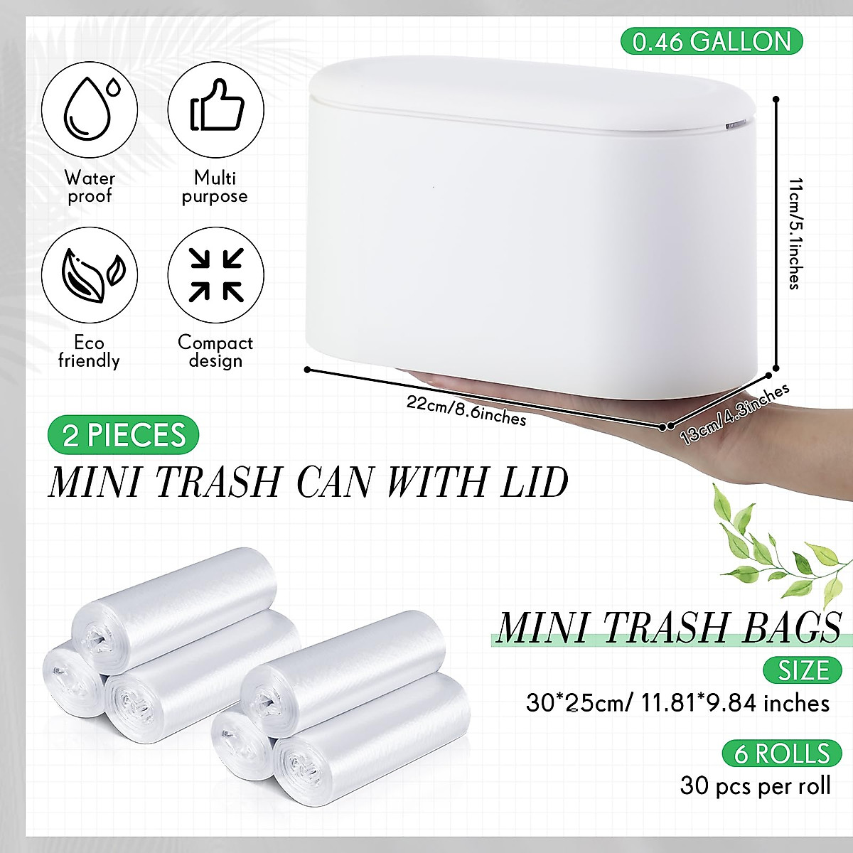 Layhit 2 Pack Mini Trash Can with Lid 0.5 Gallon Small Trash Can with 6 Rolls Plastic White Trash Bags Plastic Tiny Lint Bin Removable Desk Countertop Bin for Bathroom Office Kitchen Desk Coffee Table