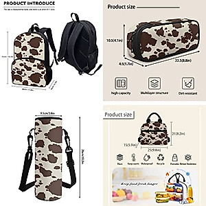Drydeepin Cute Brown Cow Cowhide Print 4Pcs School Bags Set for Teens Boys Girls Large Capacity Backpack and Lunch Box Set with Water Bottle Holder Bag Pencil Case Middle School Student Bookbag
