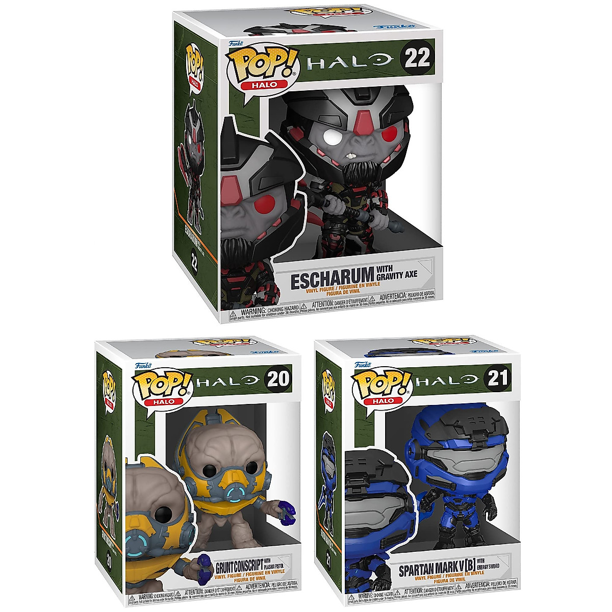 Funko Pop! Games: Halo Infinite Collectors Set - 3 Figures: Grunt Conscript Plasmo Pistol, Spartan Mark V [B] Blue Sword (Possible Red Sword Chase Variant), 6" Super Pop! Escharum Gravity Axe