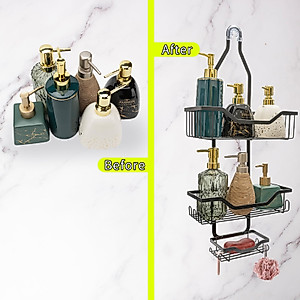 GOHOLE Shower Caddy Over Shower Head, Hanging Shower Organizer, Over the Shower Head Caddy, with Soap Basket and 12 Hooks for Razor Sponge Towels, Black