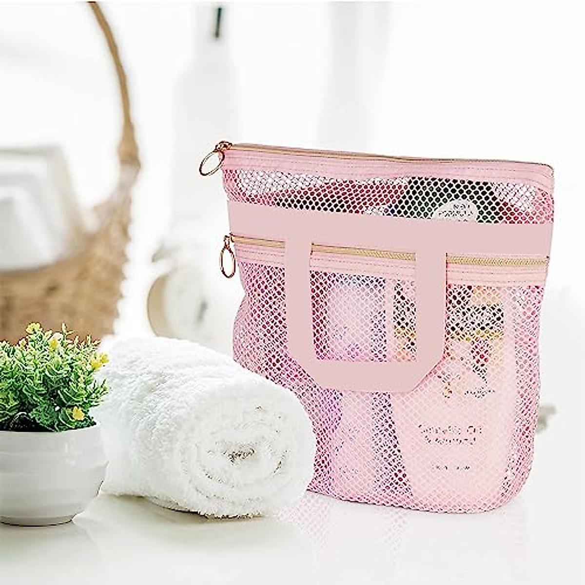 2 PCS Mesh Quick Dry Shower Caddy Bag, 10.2x9.9''Portable Shower Hanging Toiletry With Zipper, Shower Tote Bag For College Dorm Essentials, Shower Caddy Dorm For Travel Camp Gym Swim (Pink)