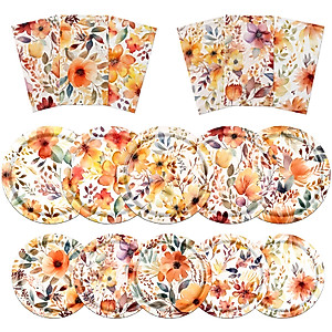 Juweked 60Pcs Fall Plates and Napkins Sets Fall Floral Paper Plates and Napkins Thanksgiving Tableware Set Fall Party Decorations for Bridal Shower Autumn Party Supplies Fall Harvest Decorations
