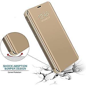 CCasualL Compatible for Oppo Reno2 Z Case 6.53 inch Electroplating Mirror Design Bracket Clear Vision Flip-Book Style Mirror Makeup PU Shockproof Protective Cover-Gold