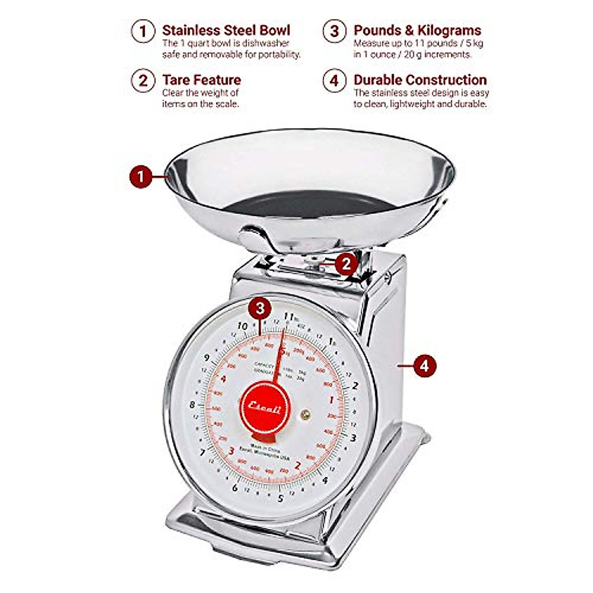 Escali DS115B Mercado Retro Classic Mechanical Dial Stainless Steel Scale, Removeable Bowl, Tare Functionality, 11lb Capacity, Stainless