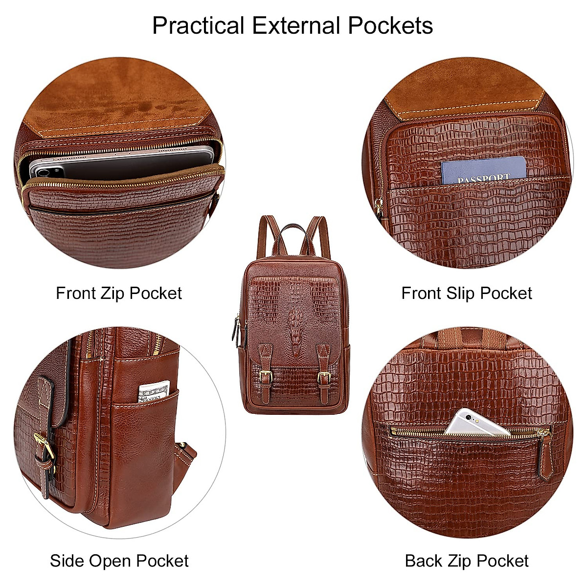 PIJUSHI Crocodile Leather Backpack Purse for Women Men Leather Rucksack with Flap (66511 Brown)